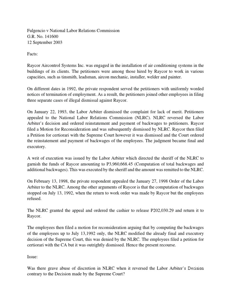 Fulgencio V National Labor Relations Commission Digest | PDF ...