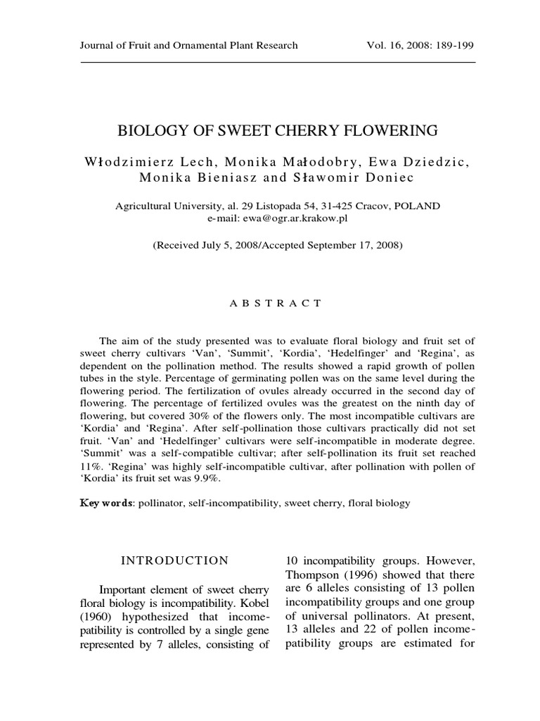 Biology of Sweet Cherry Flowering | PDF | Flowers | Pollination