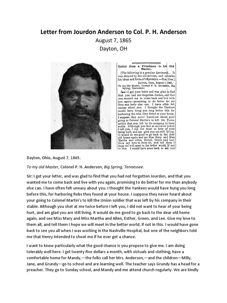 Jourdon Anderson's Letter to Col. Anderson | PDF | Mystery, Thriller ...