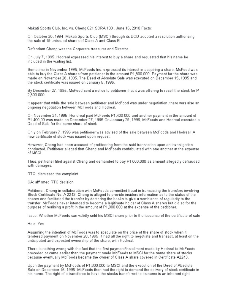 06 DIGEST G R No 178523 MAKATI SPORTS CLUB, INC Vs CECILE H CHENG | PDF ...