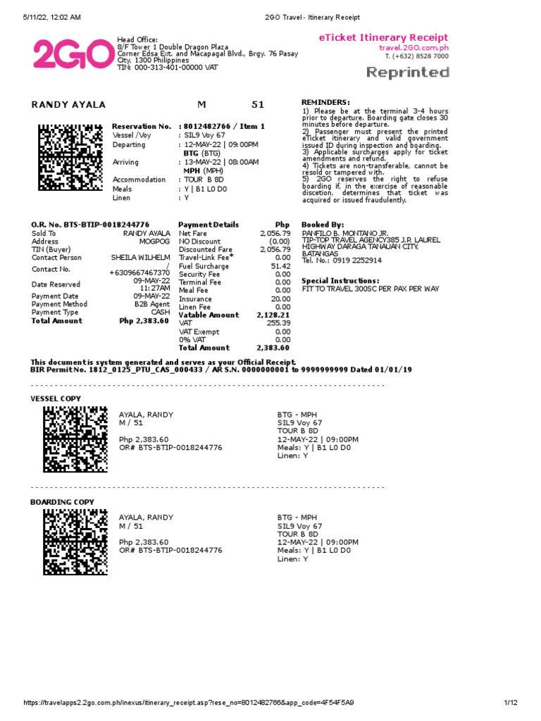 2GO Travel - Itinerary Receipt | PDF | Ticket (Admission) | Payments