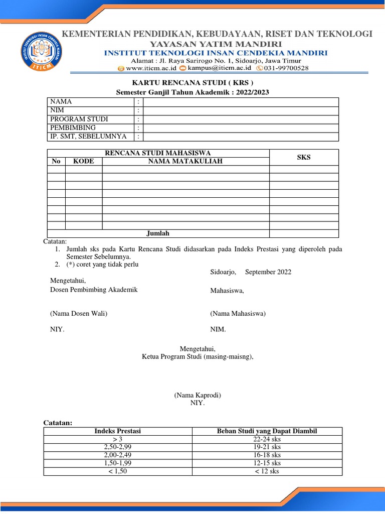 Format Kartu Rencana Studi | PDF