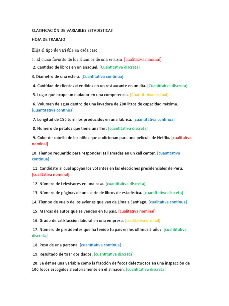 Tarea HOJA DE TRABAJO - CLASIFICACIÓN DE VARIABLES ESTADISTICAS | PDF | Crecimiento personal y ...