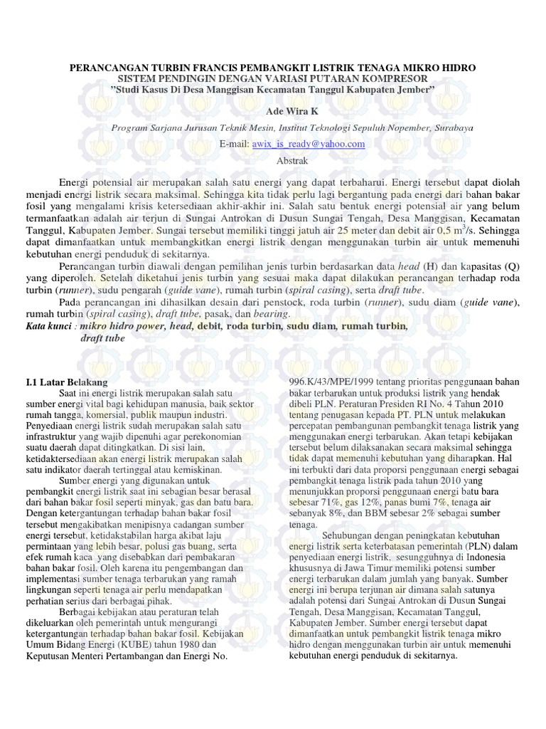 Perancangan Turbin Francis Pembangkit Listrik Tena | PDF