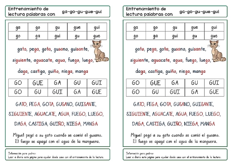 Dictado de Palabras Con Ga-Gue-Gui-Go - Gu | PDF