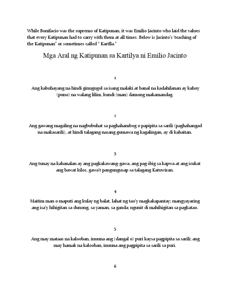 Mga Aral NG Katipunan Sa Kartilya Ni Emilio Jacinto | PDF