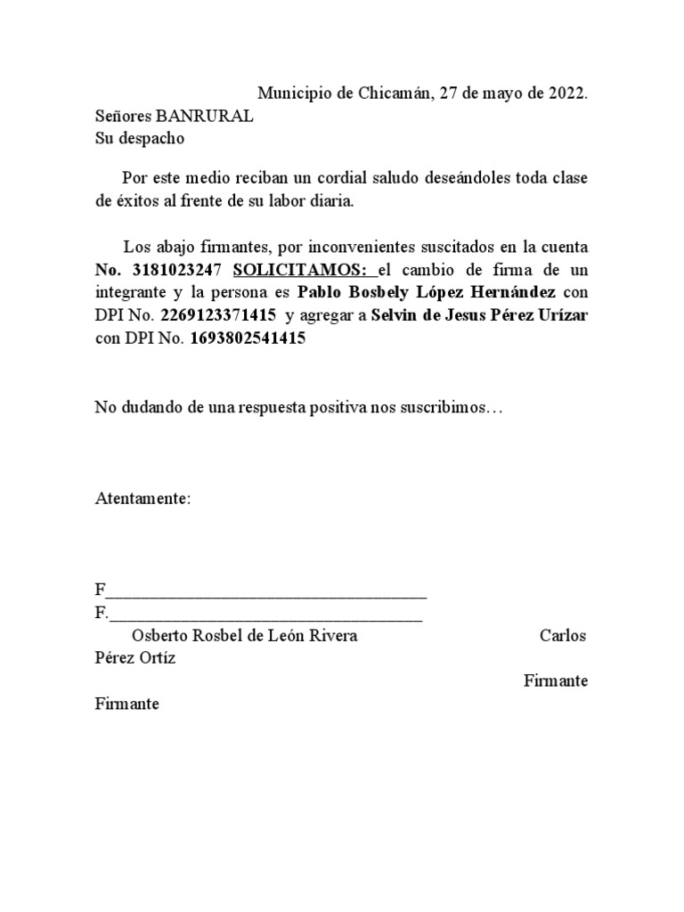 Solicitud de Cambio de Firma BANRURAL Chicamán | PDF | Crecimiento personal y profesional | Derecho