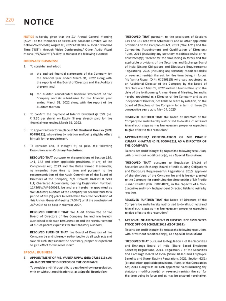 Agm Notice Fy 2021-22 | PDF | Electronic Voting | Login