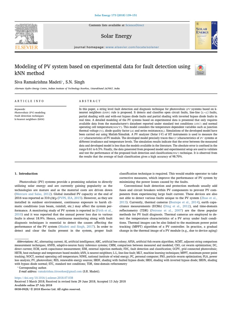 Modeling Of Pv System Based On Experimental Data For Fault Detection Using Knn Method Pdf