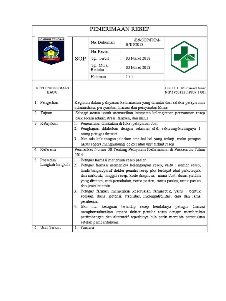 Penerimaan Resep Di Puskesmas Bagu Pdf