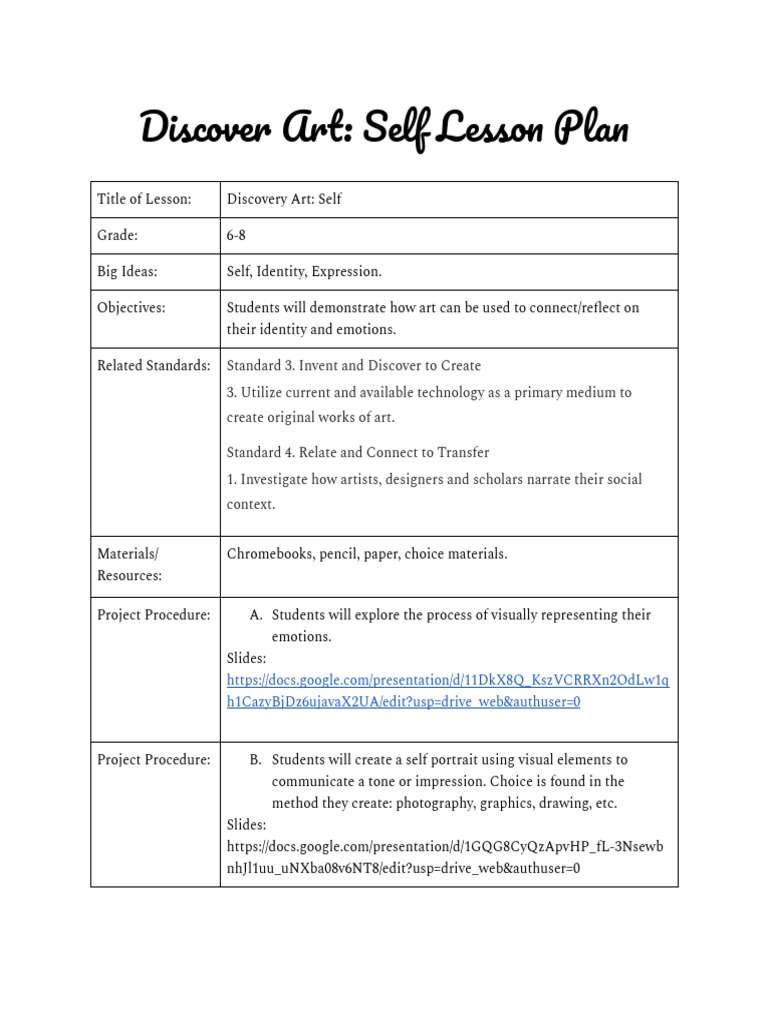 Da1 Emotion Rep Self Portrait Lesson Plan | PDF | Social Science