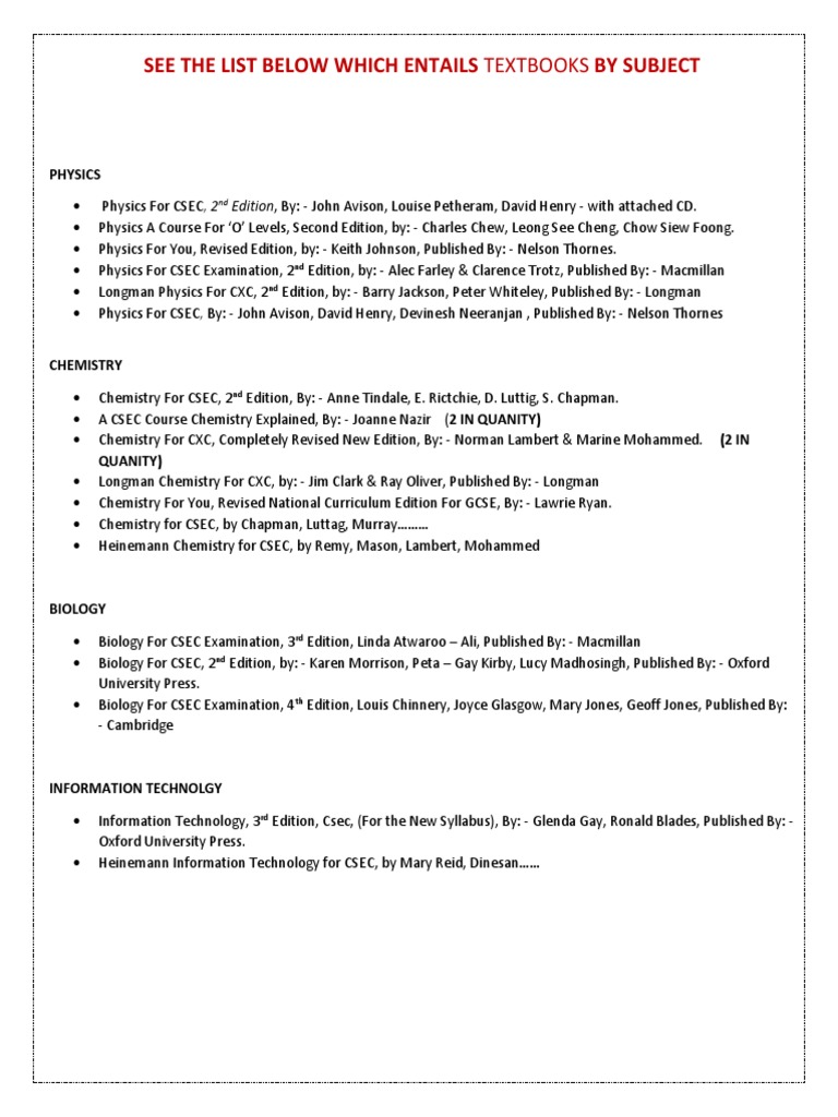 CSEC Textbooks by Subject List | PDF | Science