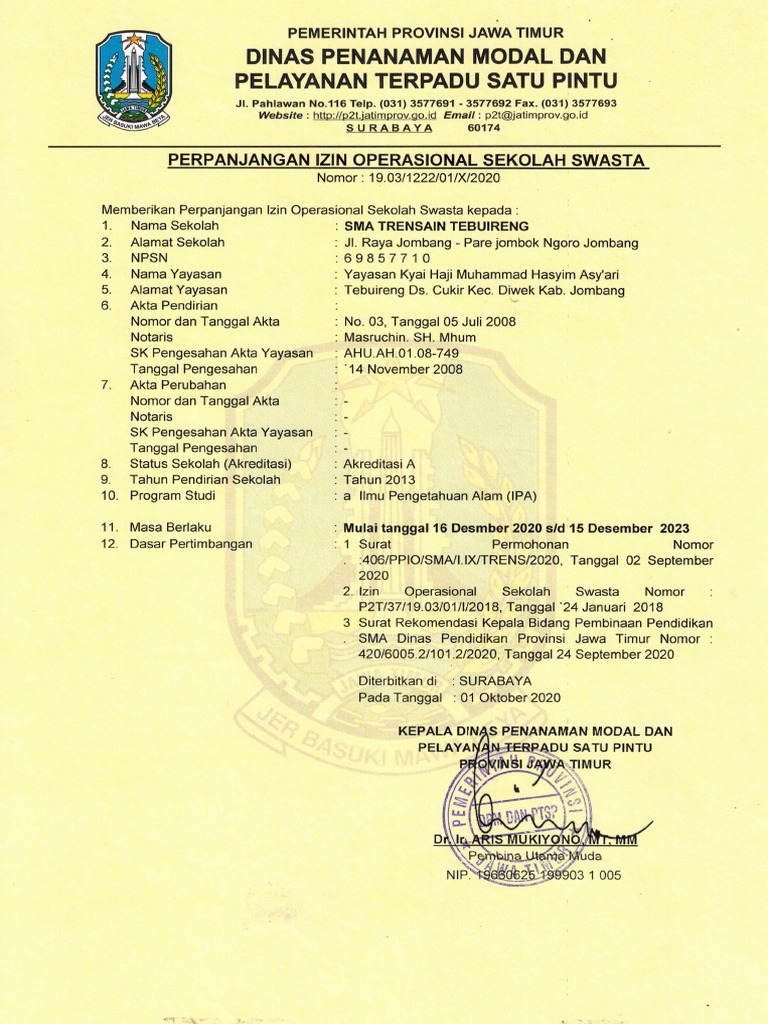 Piagam Ijin Operasional UP2T 2020-2023 | PDF