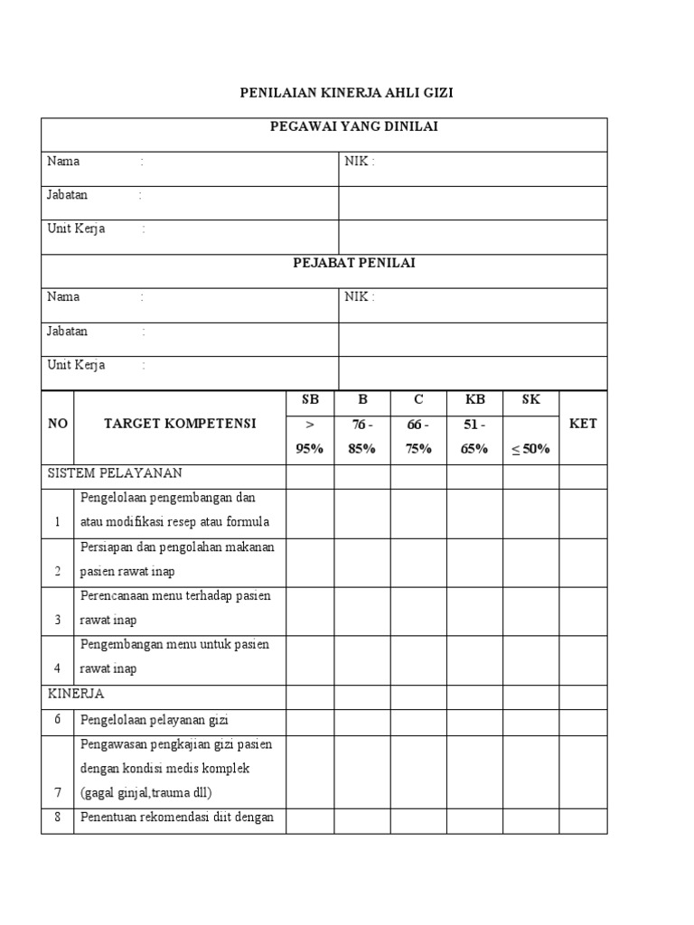Form Penilaian Kinerja Ahli Gizi | PDF