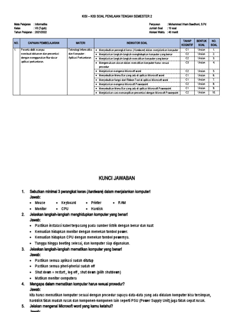 Kisi2 Soal PTS 2 Mapel Informatika | PDF