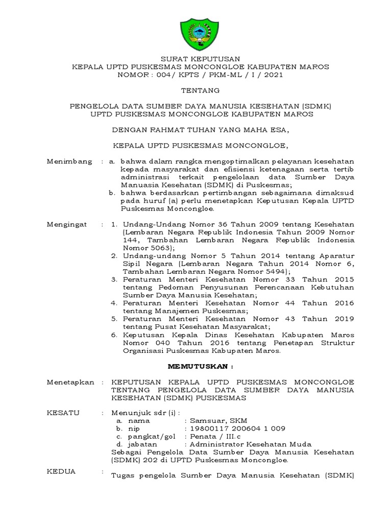 SK SDMK Puskesmas 2021 | PDF