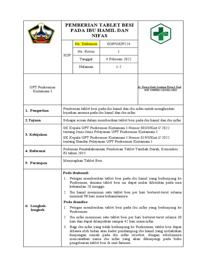 SOP PEMBERIAN TABLET BESI PADA BUMIL & BUFAS (Bagan Alir) | PDF