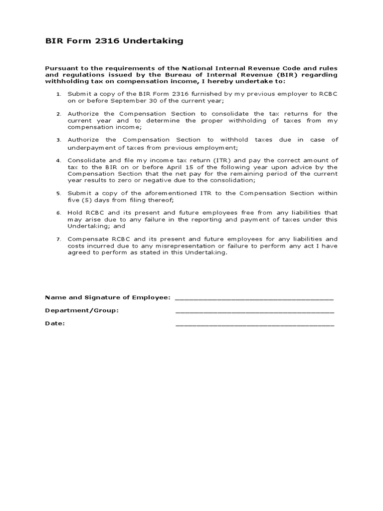 BIR Form 2316 Undertaking | PDF
