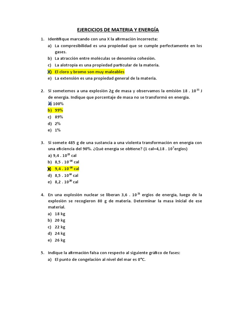Ejercicios sobre Materia y Energía | PDF | Ciencia y matemáticas ...