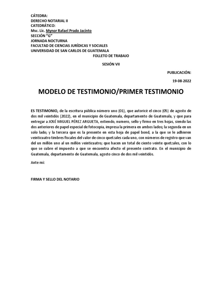 Ejemplo de Primer Testimonio Notarial | PDF
