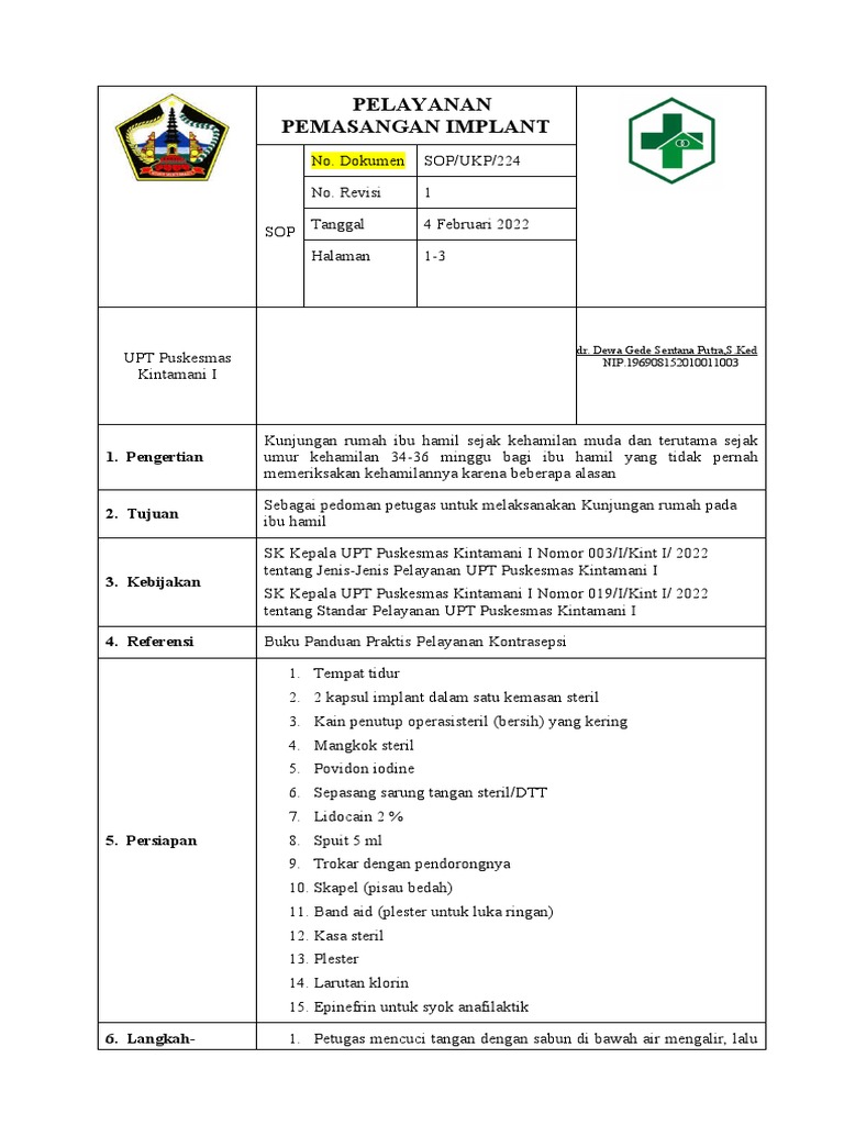 Sop Pelayanan Pemasangan Implant | PDF