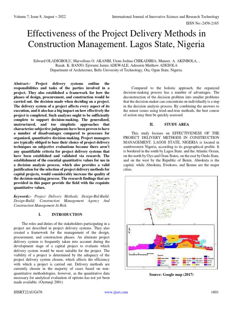 Effectiveness of The Project Delivery Methods in Construction Management. Lagos State, Nigeria ...