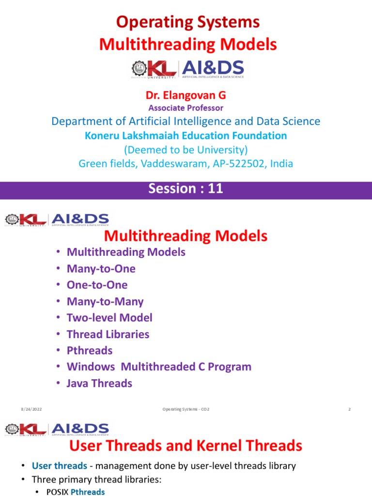 OS-CO2-Session 11 Multithreading Models | PDF | Thread (Computing) | Operating System