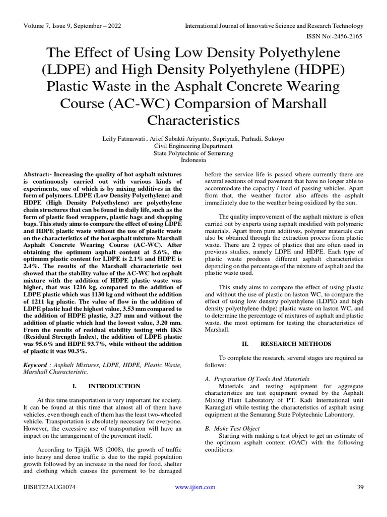 The Effect of Using Low Density Polyethylene (LDPE) and High Density Polyethylene (HDPE) Plastic ...
