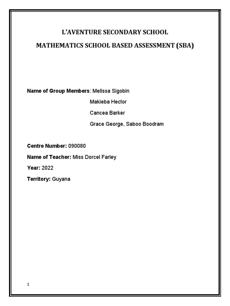L'Aventure Secondary School Mathematics School Based Assessment (SBA ...