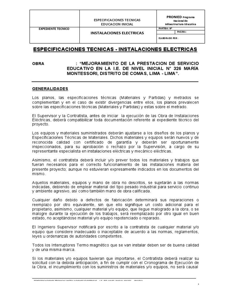 Especificaciones Tecnicas - Instalaciones Electricas | PDF | Enchufes y tomas de corriente ...