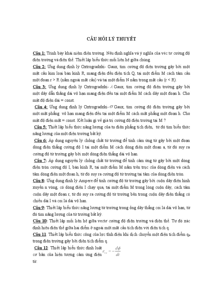 CÂU HỎI LÝ THUYẾT vl1 | PDF
