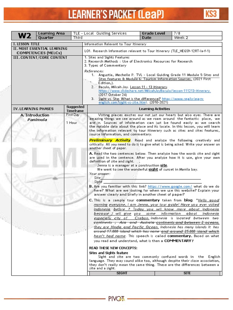 TLE7 - 8 HE Local Tour Guiding Q3 W2 LeaP | PDF | Tourism | Social Media