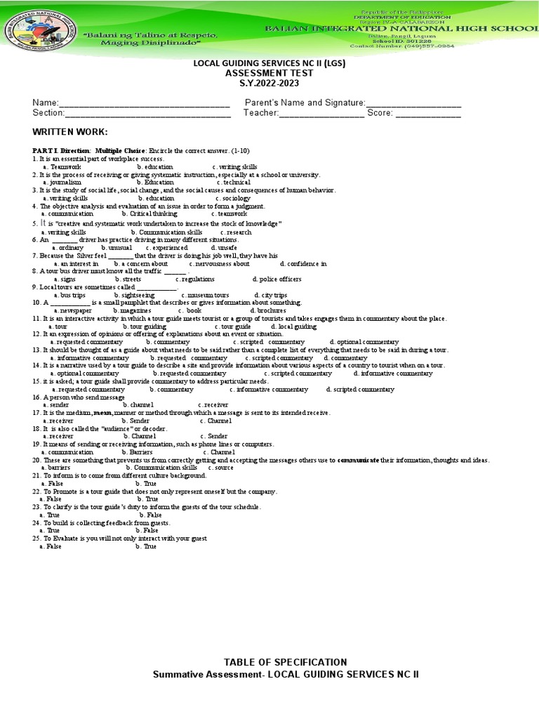 Assessment Test-Local-Guiding-Services-Gaa | PDF | Communication ...