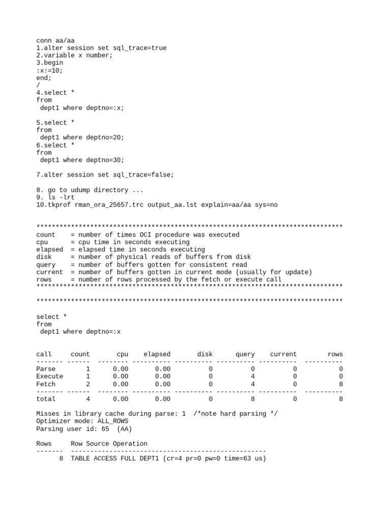 Bind Variable Using Tkprof | PDF | Computer Engineering | Computer Hardware Bind Variable Using Tkprof | PDF | Computer Engineering | Computer Hardware