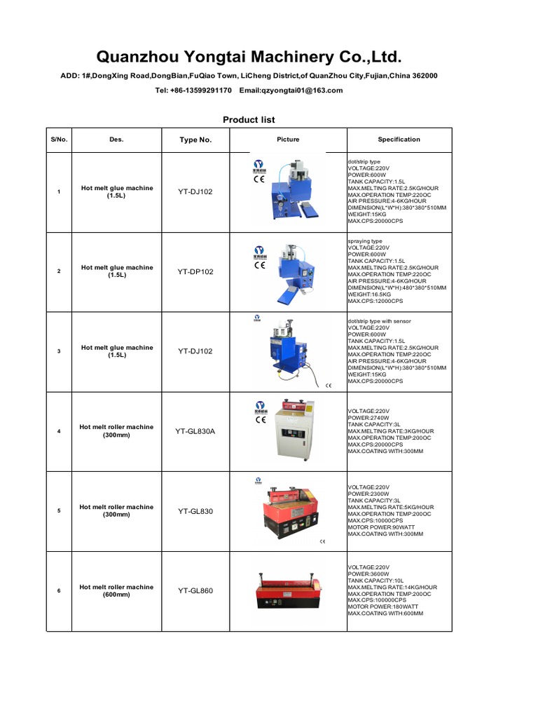 Hot Melt Glue Machines & Accessories List | PDF | Adhesive | Mechanical ...