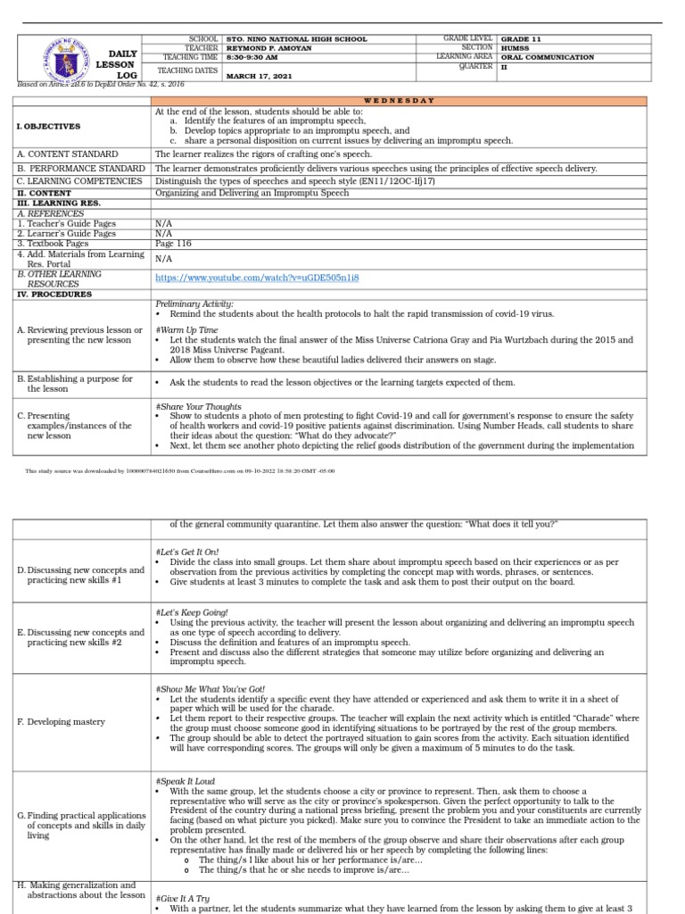 Lesson Plan in Impromptu Speech FINAL | PDF | Learning | Question
