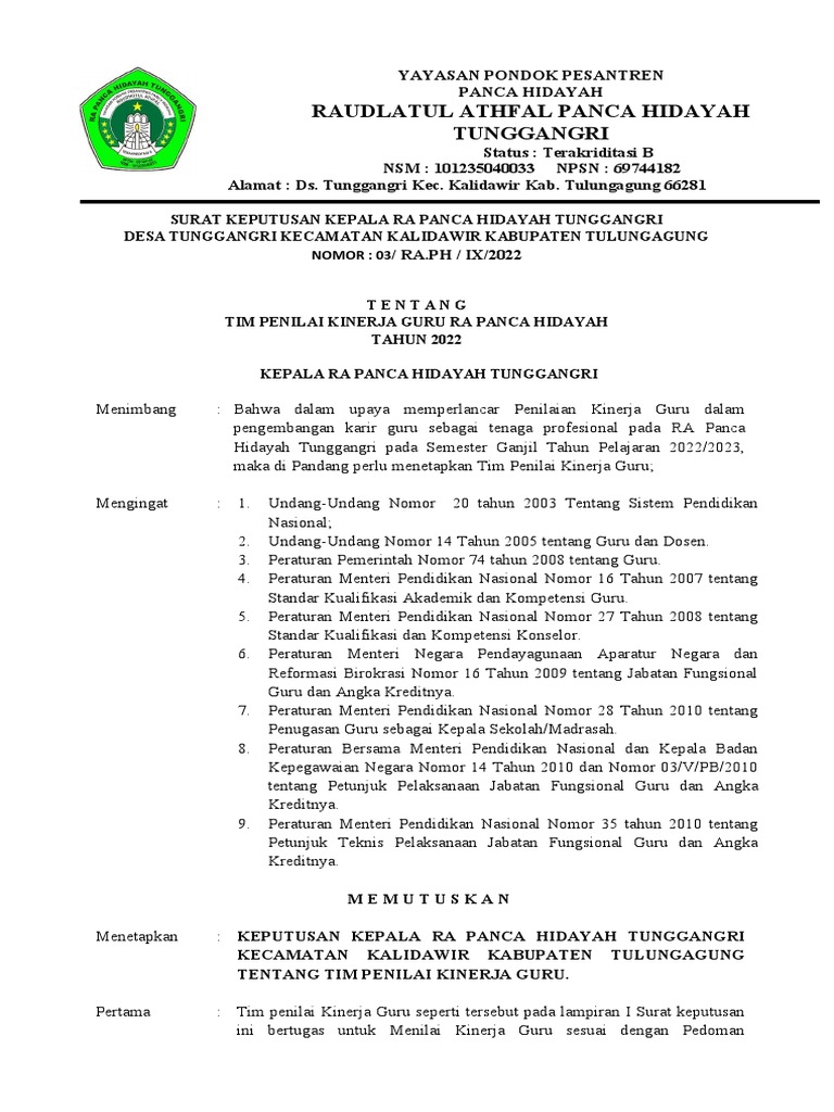 Contoh SK Tim Penilai Kinerja Guru | PDF