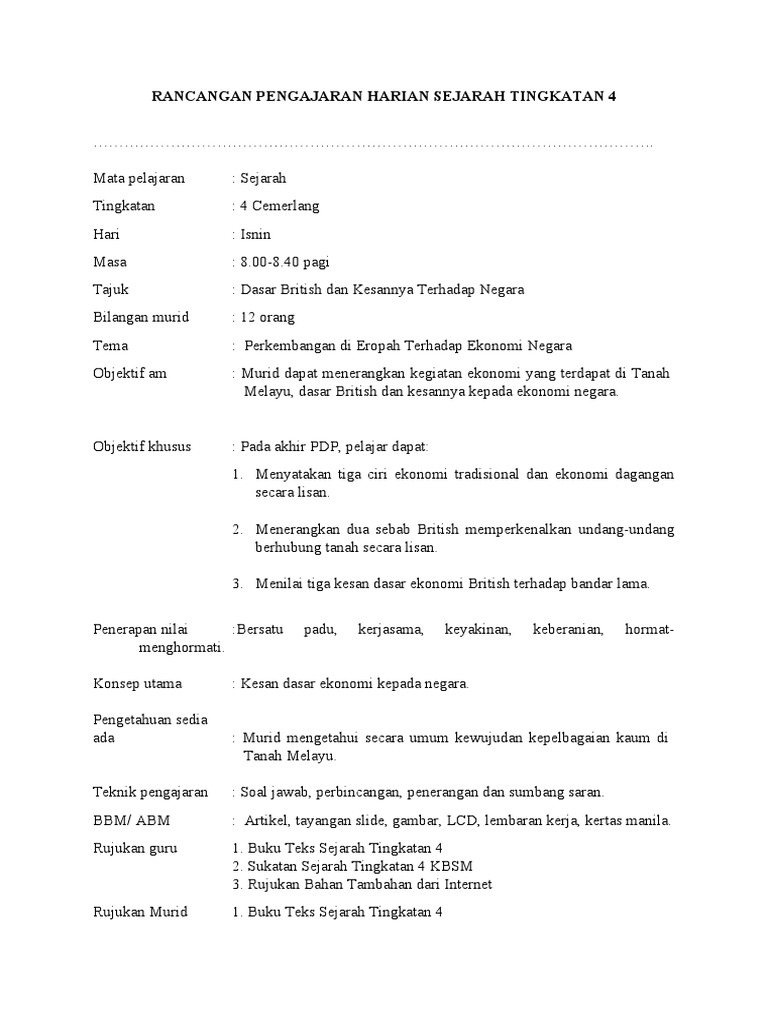Contoh RPH Sejarah Tingkatan 4 | PDF
