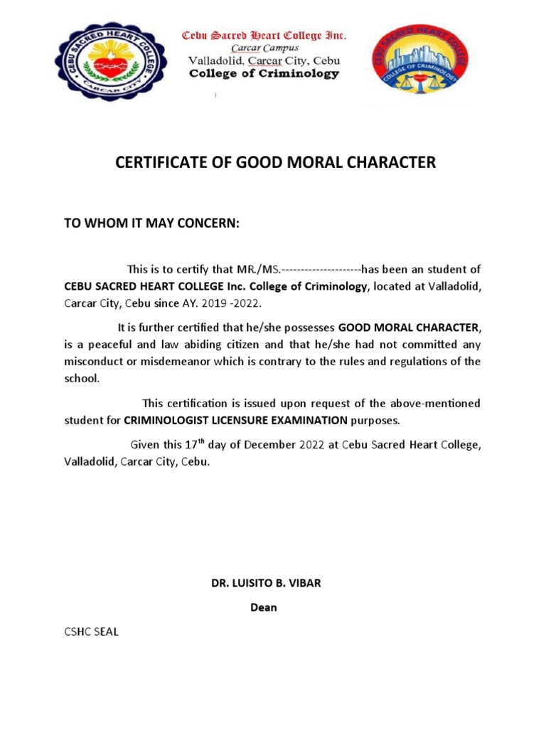 Good Moral Character Certification | PDF