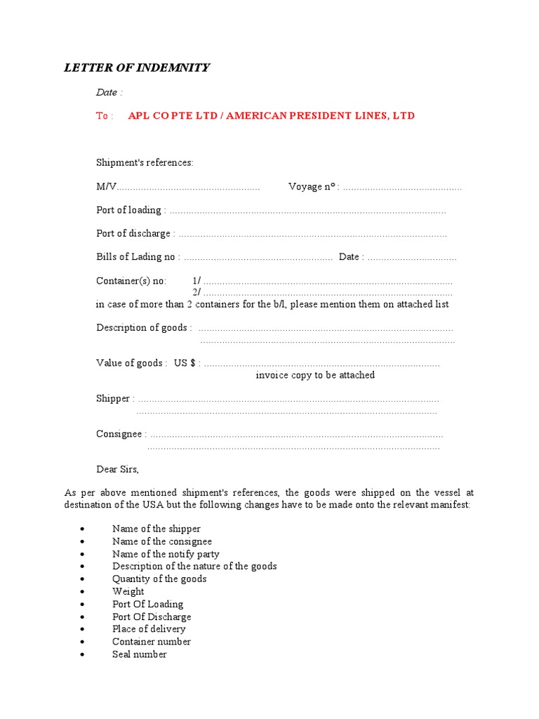 APL - LOI Letter - AMS | PDF | Indemnity | Bill Of Lading