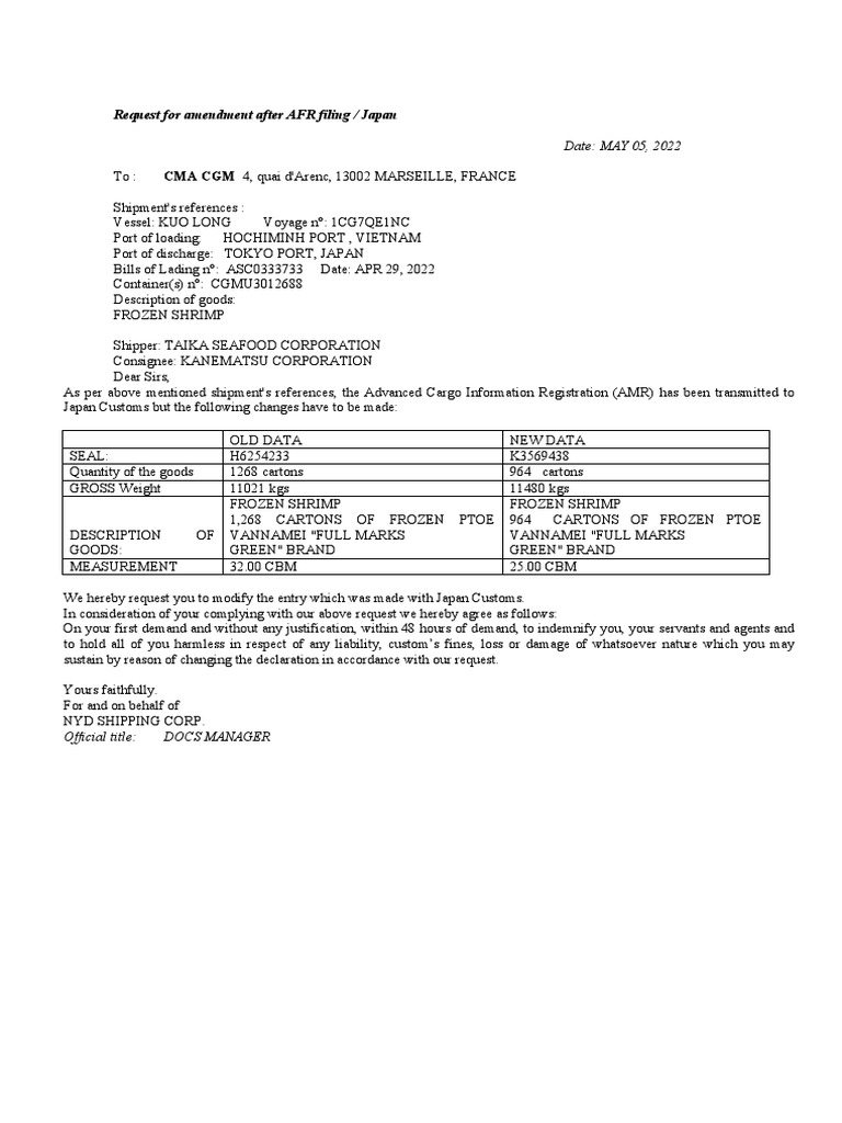 CMA - LOI Rvs Bill Japan | PDF | Cargo | Bill Of Lading