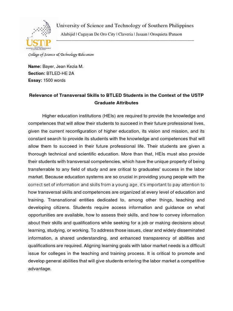 1500 Words Essay Relevance of Transversal Skills To BTLED Students ...