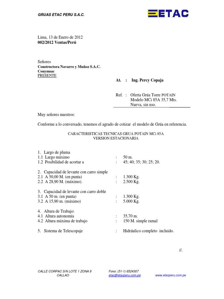Cotización Grua POTAIN Venta | PDF | Bienes manufacturados