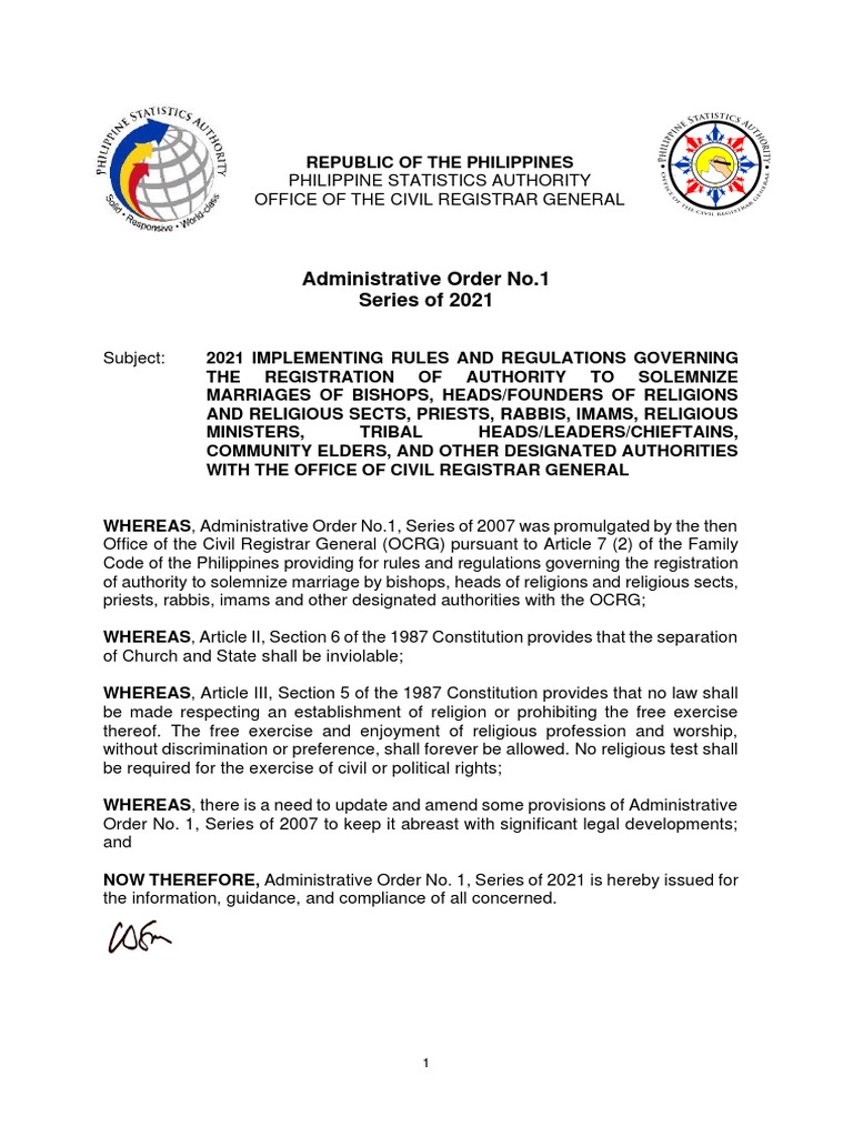 Administrative Order No. 1, Series of 2021 | PDF | Marriage | Fine (Penalty)