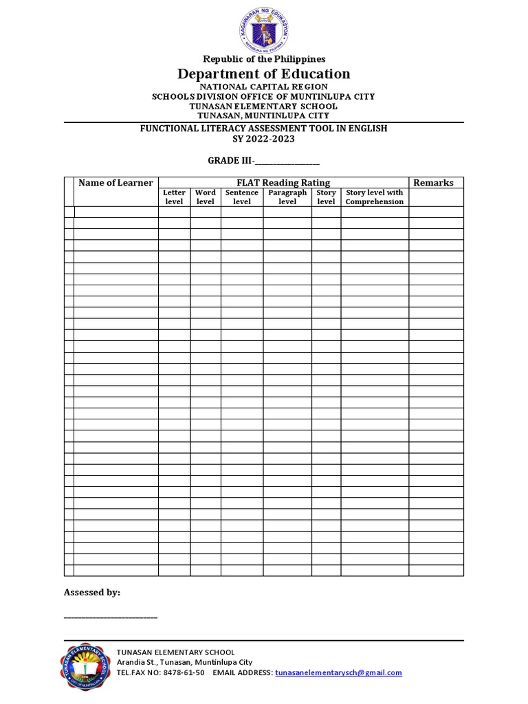 Functional Literacy Assessment Tool for Grade 3 Students at Tunasan ...