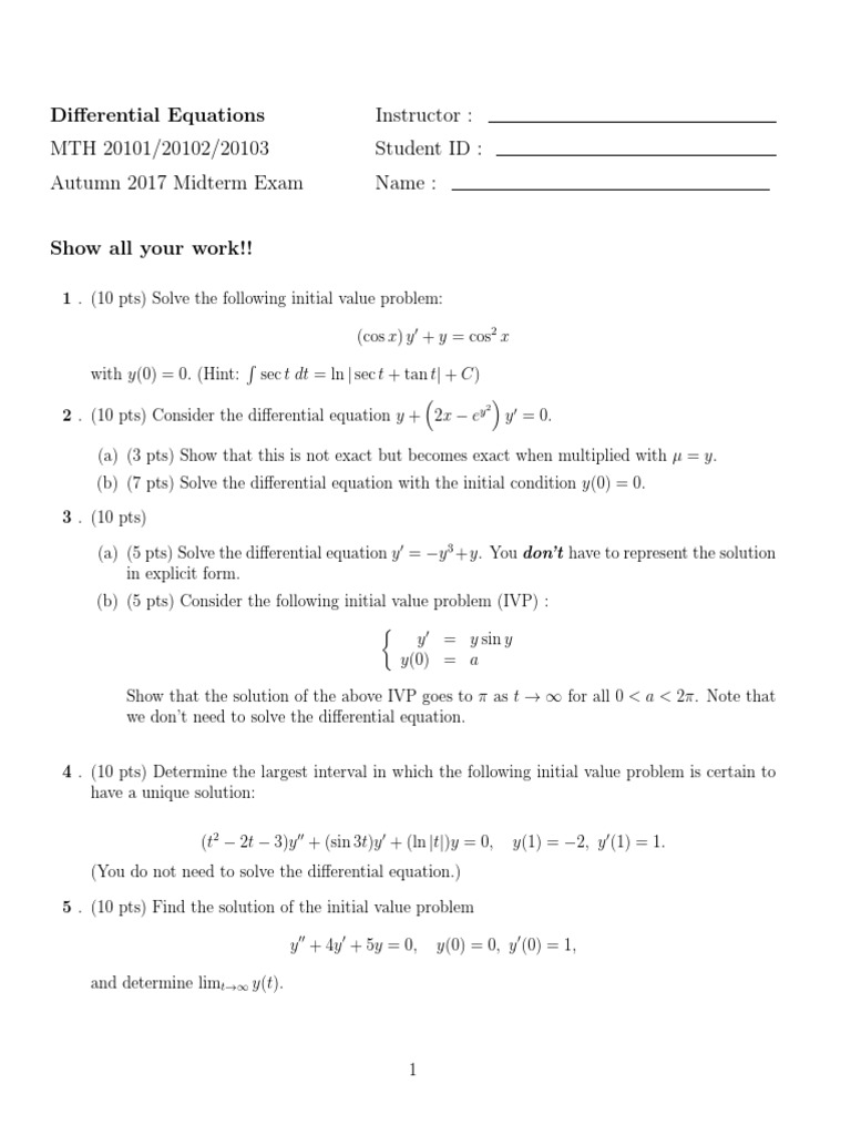AU17 de Midterm | PDF | Ordinary Differential Equation | Calculus