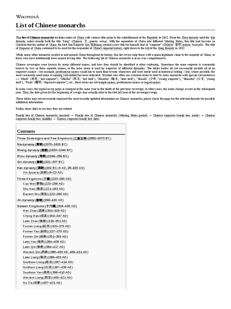 List of Chinese Monarchs | PDF | Emperor Of China | Asian Royal Families