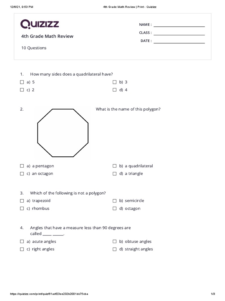 4th Grade Math Review - Print - Quizizz | PDF | Rectangle | Polytopes
