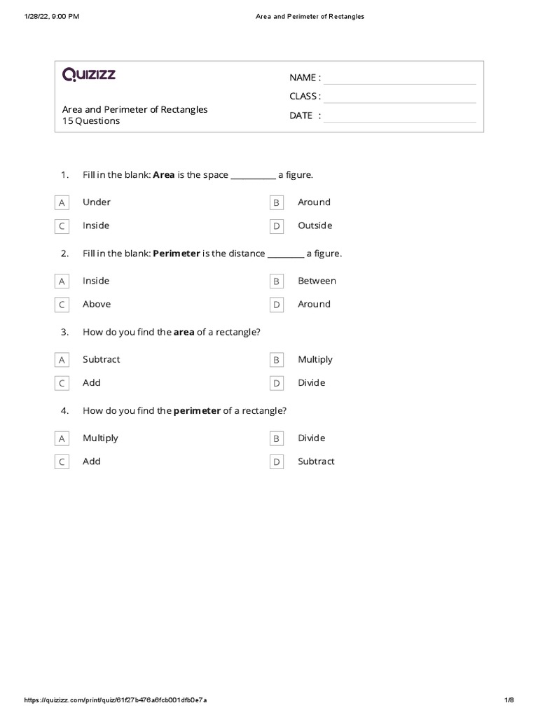 Area and Perimeter Quiz for Rectangles | PDF | Area | Elementary ...