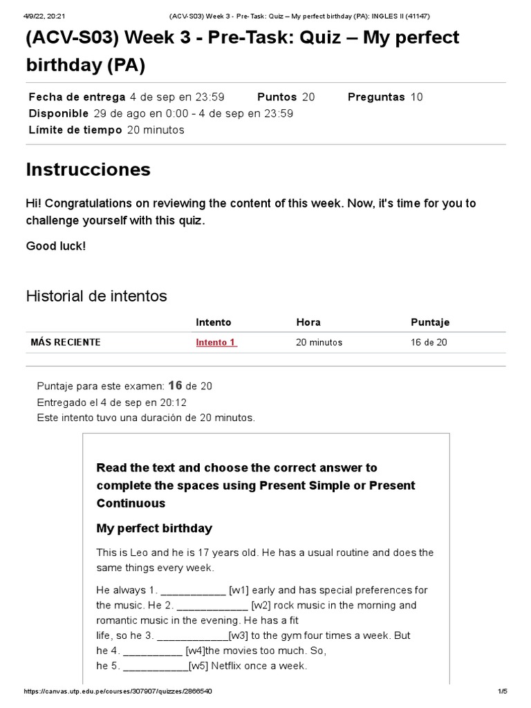 (ACV-S03) Week 3 - Pre-Task - Quiz - My Perfect Birthday (PA) - INGLES II (41147) | PDF